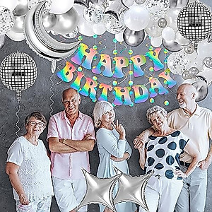 Birthday Decorations - Iridescent Banner Disco Ball Balloons Arch Decor | Fufuddz Funny Holographic Happy Birthday Party Supplies w/ Circle Garlands Swirls for Women Men 18 30th 40th 50th 60s 70s 90s