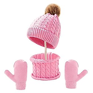 3PCS Baby Winter Hat Scarf Gloves Set Kids Knitted Beanie Cap Neck Warmer Mitten for Boys Girls 0-4Years (Pink)