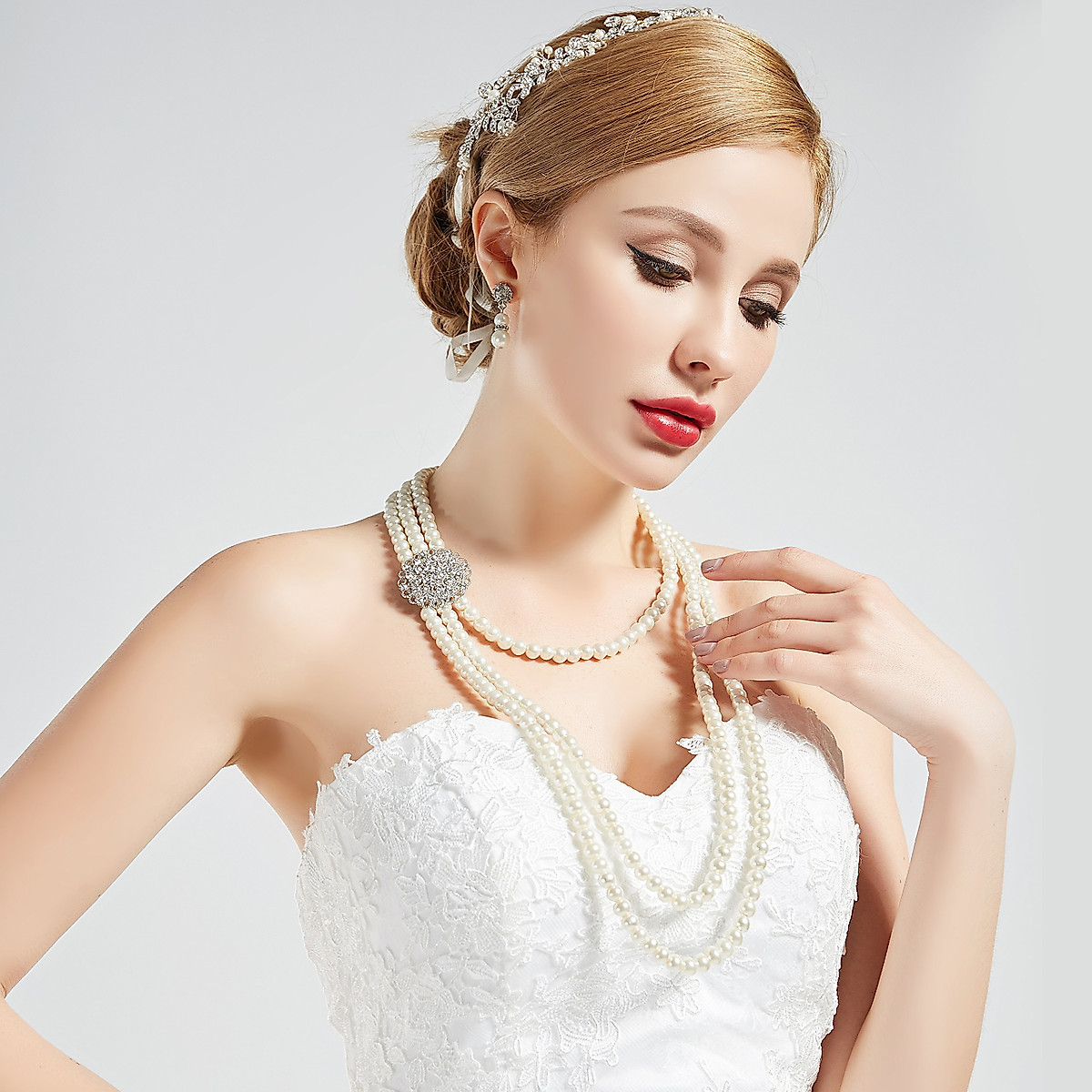 BABEYOND 1920s Gatsby Pearl Necklace Vintage Bridal Pearl Necklace Earrings Jewelry Set Multilayer Imitation Pearl Necklace with Brooch (Style 1)