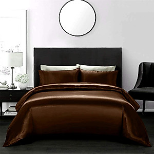 Opulence Bedding Silk Satin Duvet Cover Set Chocolate Oversized King 3 Piece (Duvet Cover + 2 Pillowcases) Comforter Cover Oversized King Size Zipper Closure