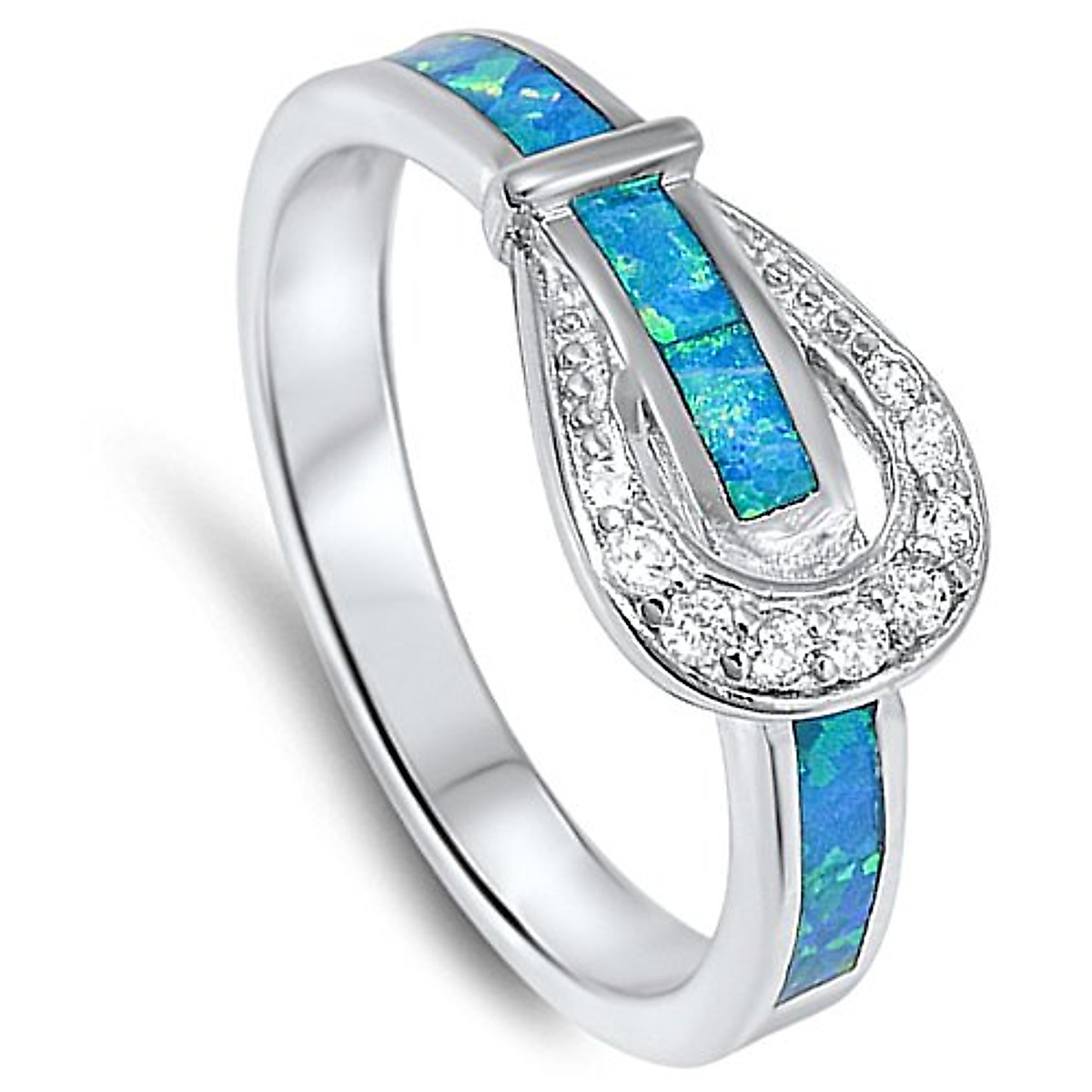 Belt Buckle Design Clear CZ Blue Simulated Opal Ring .925 Sterling Silver Size 6