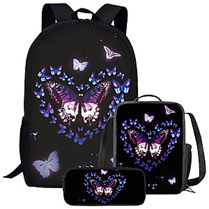 Cute School Backpack with Lunch Box for Girls Large Capacity Lightweight Custom Hearts Butterfly Backpack Set Aesthetic Kids Comfy Padded Adjustable Book Bag Lunch Bag Pencil Case 3 in 1