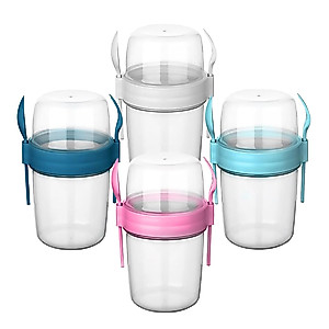 QUASLEQ 4-Pack Yogurt Parfait Cups - with Lids and Spoons - Reusable Yogurt Containers for On-the-Go - Portable Yogurt Cups with Topping Storage - Ideal for Oatmeal and Breakfast Prep (22 oz-650 Ml)