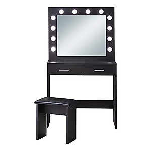 OFCASA Vanity Desk with Mirror and Lights, Vanity Set with 3 Colors Lights, Makeup Table with Mirror and Chair, Adjustable Nightstand, Solid Wood Legs, Bedroom Dressing Table (Black)