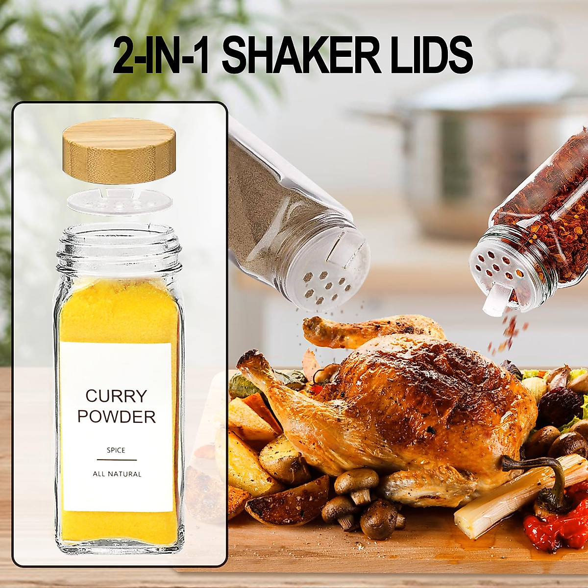 AISIPRIN 24 Pcs Glass Spice Jars with Bamboo Airtight Lids and 398 Labels, 4oz Empty Square Containers Seasoning Storage Bottles - Shaker Lids, Funnel, Brush and Marker Included