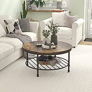Gezen 2-Tier Round Coffee Table, Industrial Coffee Table for Living Room, Wooden Tabletop Rustic Steel Accent Table with Storage Open Shelf- Metal Frame - Retro Brown