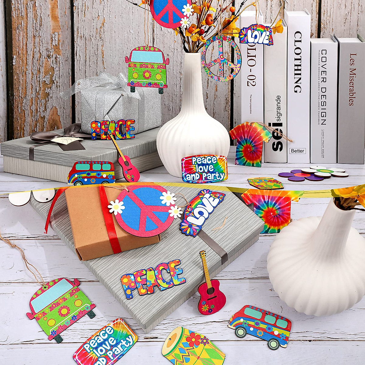 36 Pieces 60 70's Hippie Groovy Party Tie Dye Birthday Wooden Hanging Ornaments Hippy Retro Flower Peace Sign Wooden Hanging Ornaments for 60's Vibe Party Decoration DIY Craft