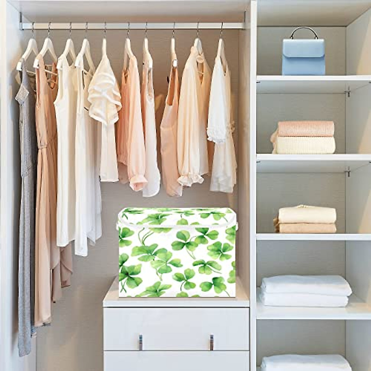 Kigai Storage Basket Clover Leaves Storage Boxes with Lids and Handle, Large Storage Cube Bin Collapsible for Shelves Closet Bedroom Living Room, 16.5x12.6x11.8 In