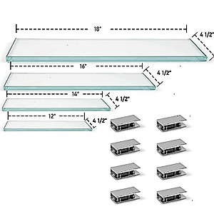4 piece Floating Glass Shelves with Zinc Alloy Brackets – Bathroom, Office, Kitchen