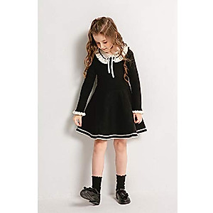 SMILING PINKER Toddler Girls Dresses Sweater Long Sleeve Winter Knitted Skater Dress Ruffle Collar (Black, 6-7 Years)