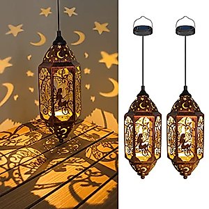 Go2garden Solar Hanging Lanterns Outdoor Waterproof, Big Fairy Moon Metal Decorative Solar Lights for Patio, Yard, Pathway, Garden Décor, Birthday Gifts for Mother, Mom (2Pack, Red Copper)