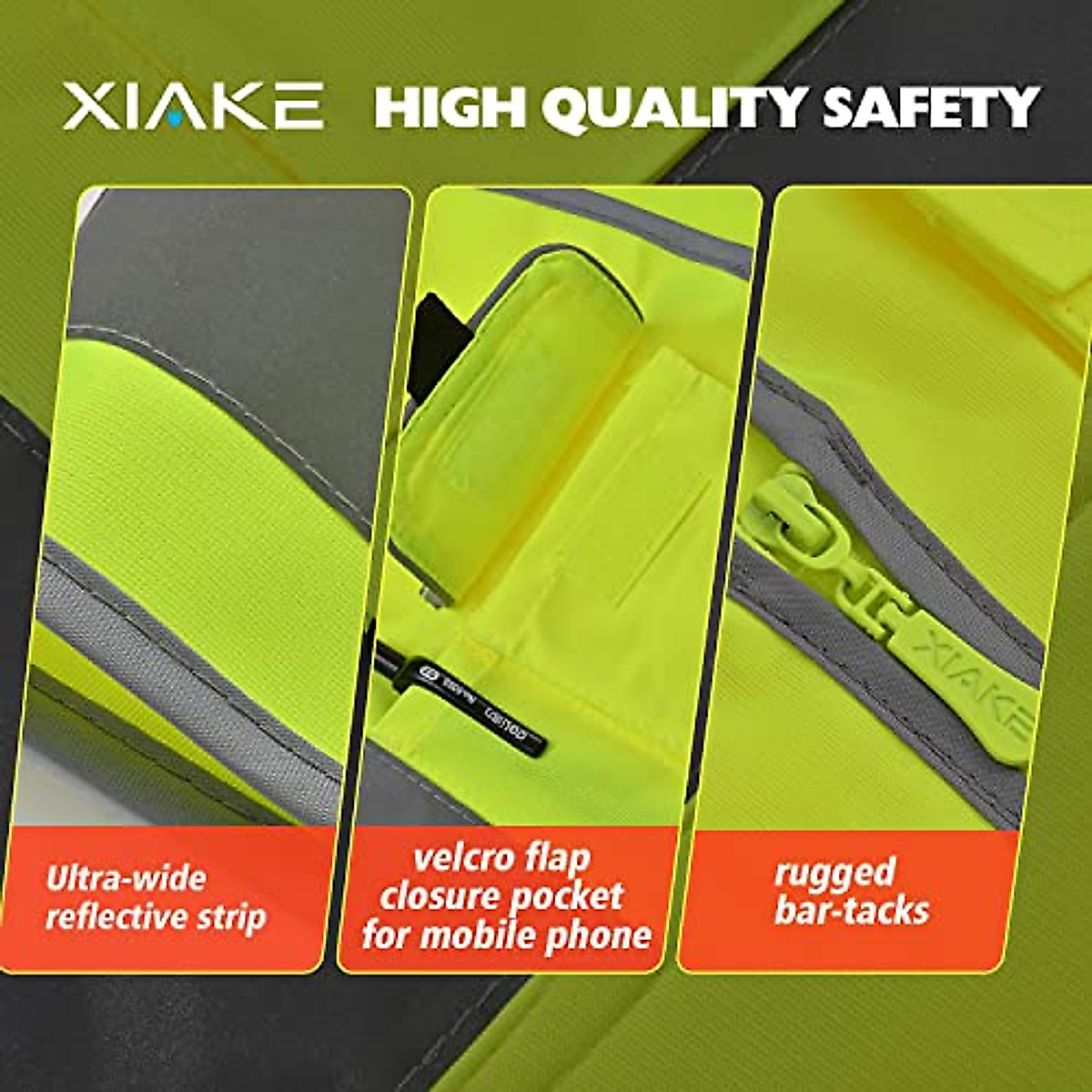 XIAKE 8 Pockets Class 2 High Visibility Reflective Safety Vest for Men Women Construction Working Running Cycling Vests(X-Large,Yellow)