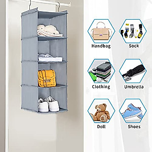 BrilliantJo 2PCS Hanging Closet Organizer, 4 Shelves Hanging Wardrobe Storage Shelves with Hook for Clothes Storage, Washable Oxford Cloth Fabric, 31"x12"x12"(Blue-Gray)