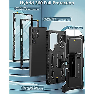 FNTCASE for Samsung Galaxy S23 Ultra Case: Built-in Screen Protector & Kickstand, Extra Front Frame, Full-Body Dual Layer Rugged Belt-Clip Holster Heavy Duty Shockproof Protective Phone Cover-Black