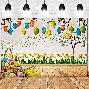 Spring Happy Easter Theme Photography Backdrops Colorful Eggs Bokeh Floral Photo Background Kids Baby Shower Party Dessert Cake Table Decor Studio Shoot Booth Props 5x3ft