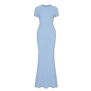 REORIA Women's Summer Sexy Casual Lounge Long Dress Elegant Wedding Guest Short Sleeve Crew Neck Bodycon Maxi Dresses Blue Small