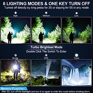 Rechargeable Flashlights 20,000 High Lumens, 1500M Long Throw Super Bright LED Small Powerful Tactical Flashlight with Memory Function, 6Modes Pocket Waterproof Flash Light for Camping,Emergency