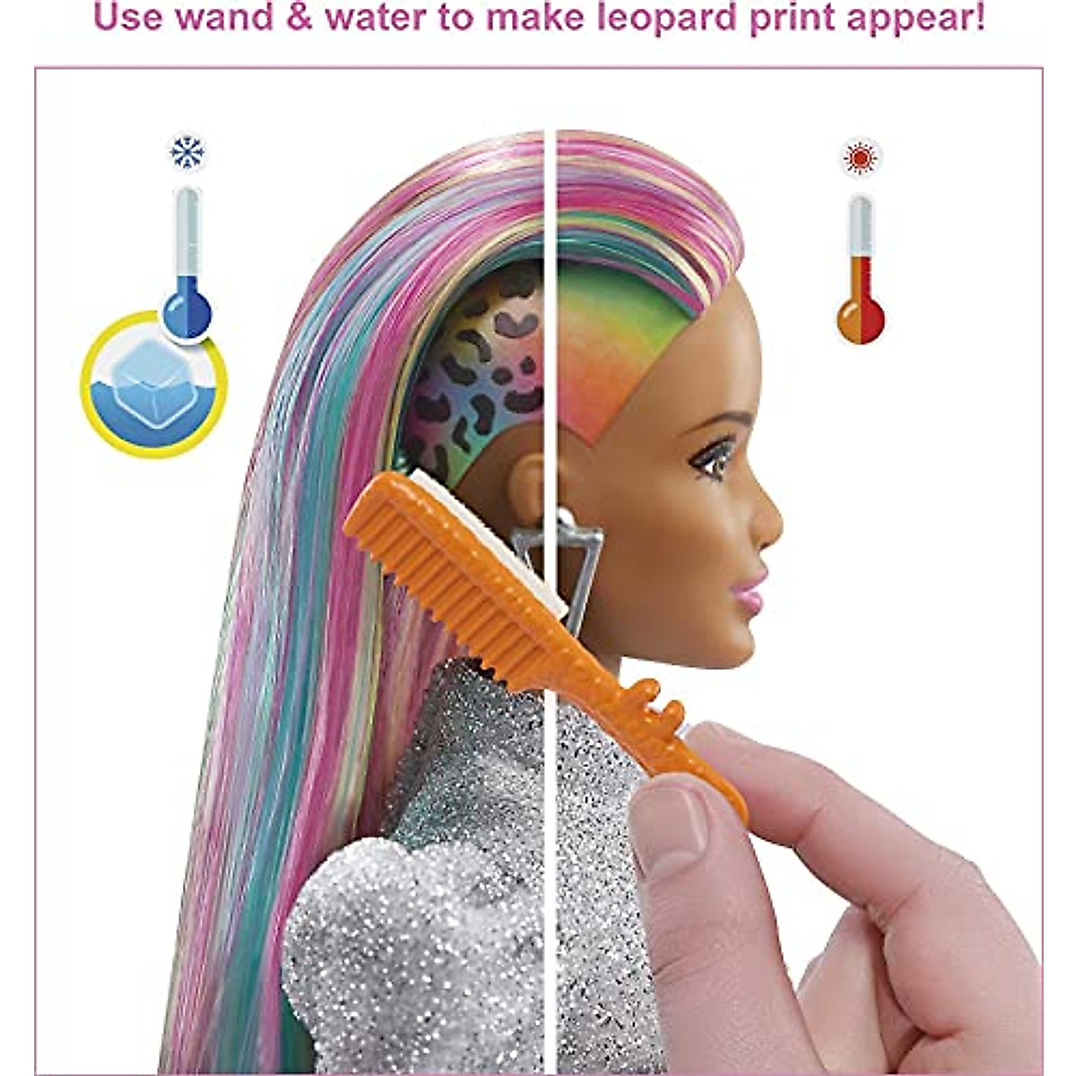 Barbie Doll Leopard Rainbow Hair Brunette With Color-Change Highlights & 16 Styling Accessories Including Clothes, Scrunchies, Brush & More