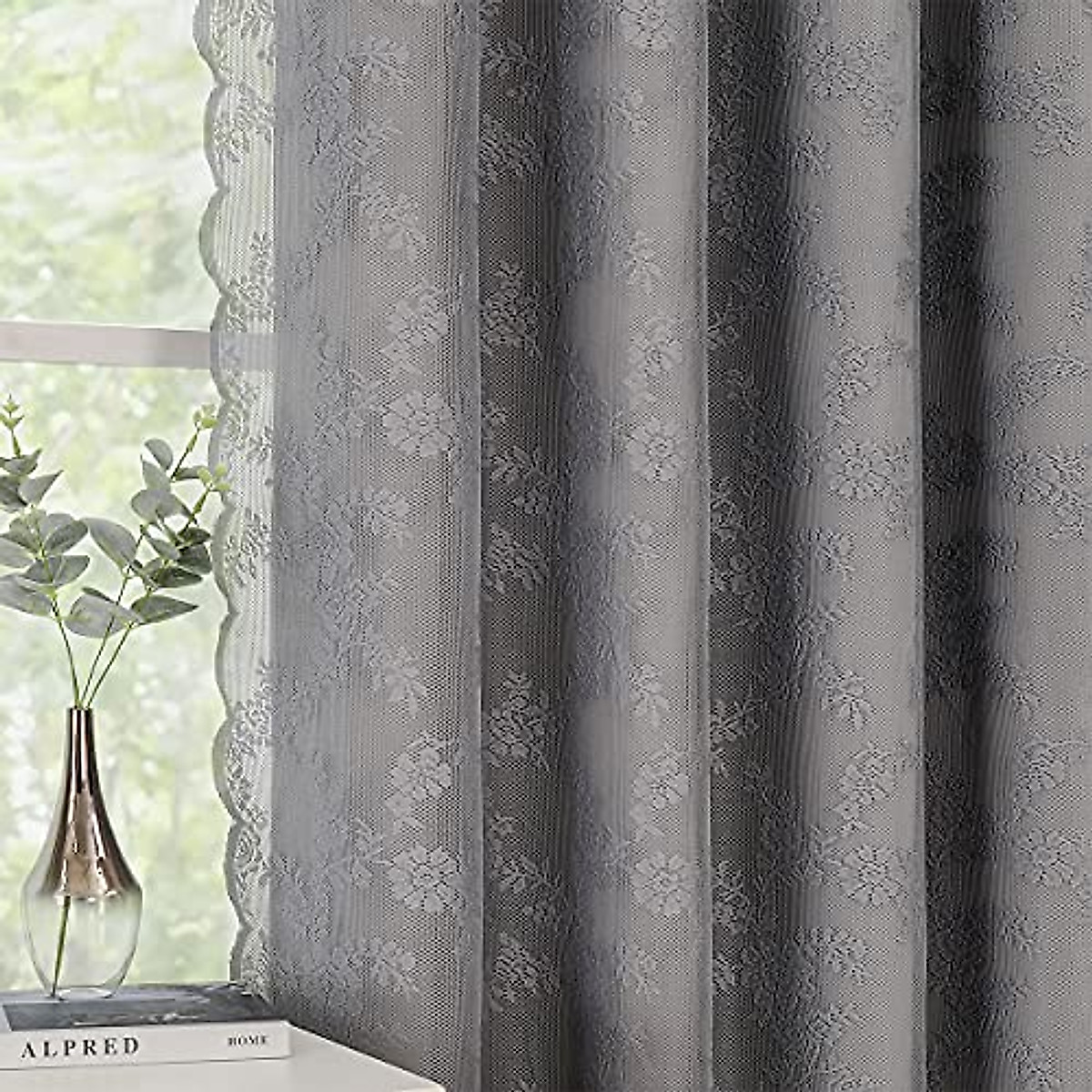 4 Pieces Grey Blackout Curtains & Elegant Rose Floral Lace Sheer Curtains for Bedroom Farmhouse Mix and Match Double Layer Or Single Layer Gray Room Darkening Grommet Window Drapes, 52"W x 84"L x 4
