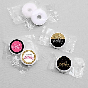 Big Dot of Happiness Chic Happy Birthday - Pink, Black and Gold Round Candy Sticker Favors Labels Fit Chocolate (1 Sheet 108)