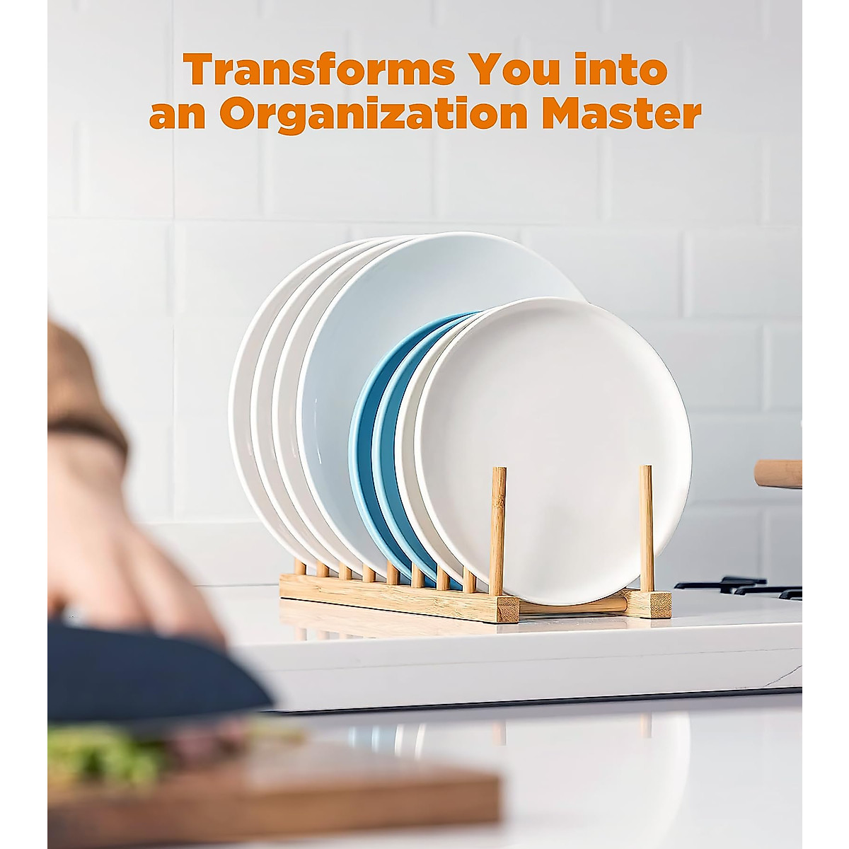 RISHTEN Bamboo Dish Drying Rack, 2 Pack Wooden Storage Holder Organizer for Plate/Bowl/Cup/Book/Pot/Lid/Cutting Board Drying Rack Stand Holder