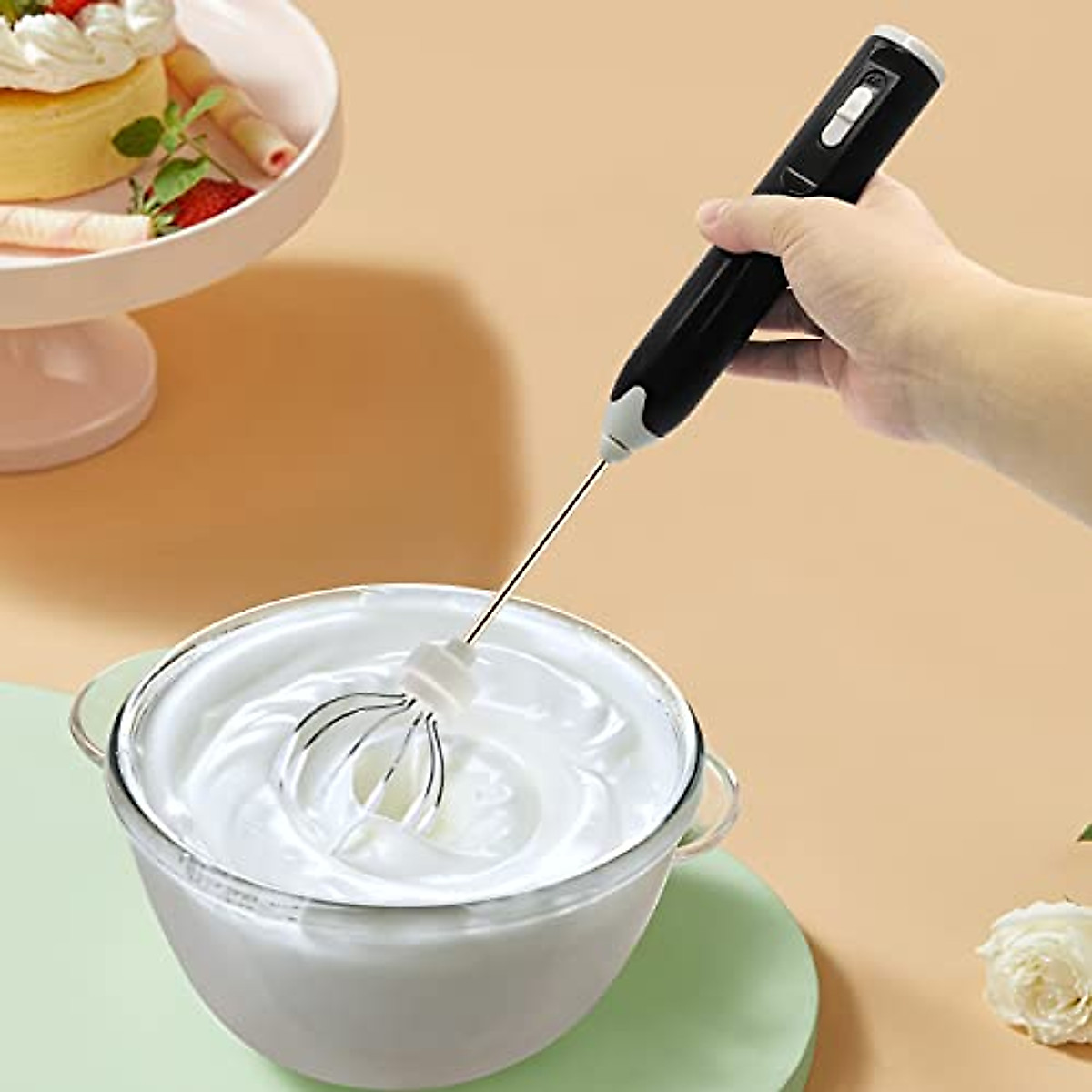 Milk Frother rechargeable drink mixer handheld egg whisk 3-Speed Adjustable with 2 stainless steel heads Foam Maker suitable for your coffee, tea, latte, hot chocolate(black)