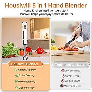 Immersion Blender, 5 in 1 Hand Blender, 12 Speed and Turbo Mode Immersion Blender handheld, Blender Electric Stainless Steel with Milk Frother, 600ml Beaker, 500ml Chopper, Egg Whisk