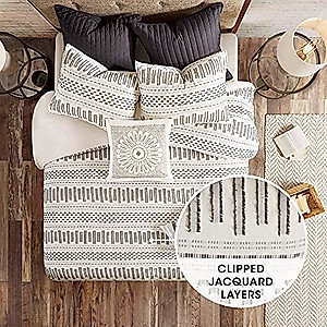 INK+IVY Luxurious Cotton-Bedding Set - Mid Century Trendy Geometric Design, All Season Cozy-Cover With Matching-Shams, King/Cal King, Rhea Jacquard Ivory/Charcoal