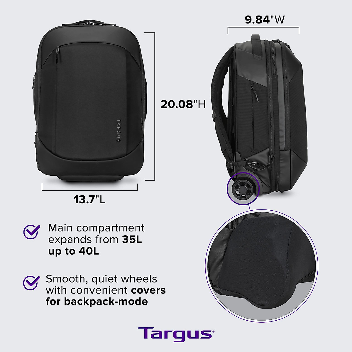 Targus 15.6" Mobile Tech Traveler EcoSmart Rolling Backpack, Made from Recycled Bottles, TSA Friendly, 35-40L Cap (TBR040GL)