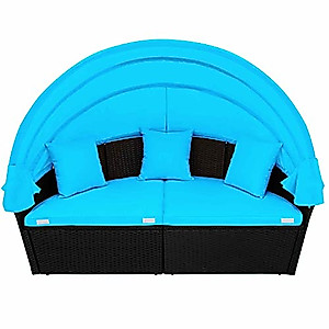 ATY Outdoor Rattan Round Daybed Sunbed with Retractable Canopy, All-Weather Wicker Furniture Sectional Sofa Set w/Washable Cushions for Backyard,Porch, Blue