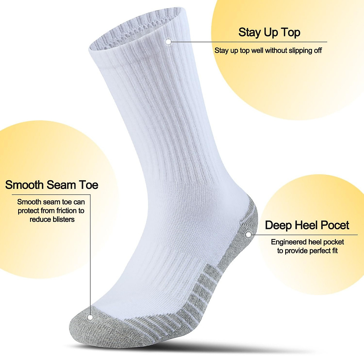 Begrily Men's Cotton Athletic Cushioned Crew Socks with Arch Compression Performance for Running Exercise Hiking 6 Pack White