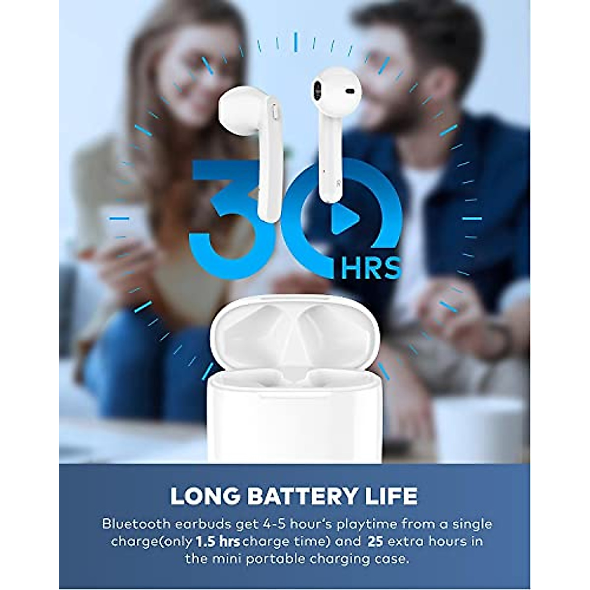 FALWEDI Bluetooth 5.0 True Wireless Earbuds with Charging Case for iPhone Android, 30H Cyclic Playtime Waterproof Stereo Headphones with mic, in-Ear Earphones Headset for Sport-White