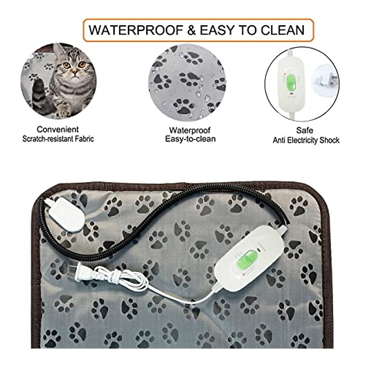 OCSOSO Heated Cat Bed Electric Heating Pad for Cats and Dogs Waterproof Warming Mat Auto-Off,18inch Pet Mat Temperature Adjustable and Constant Heating for Indoor and Outdoor Use