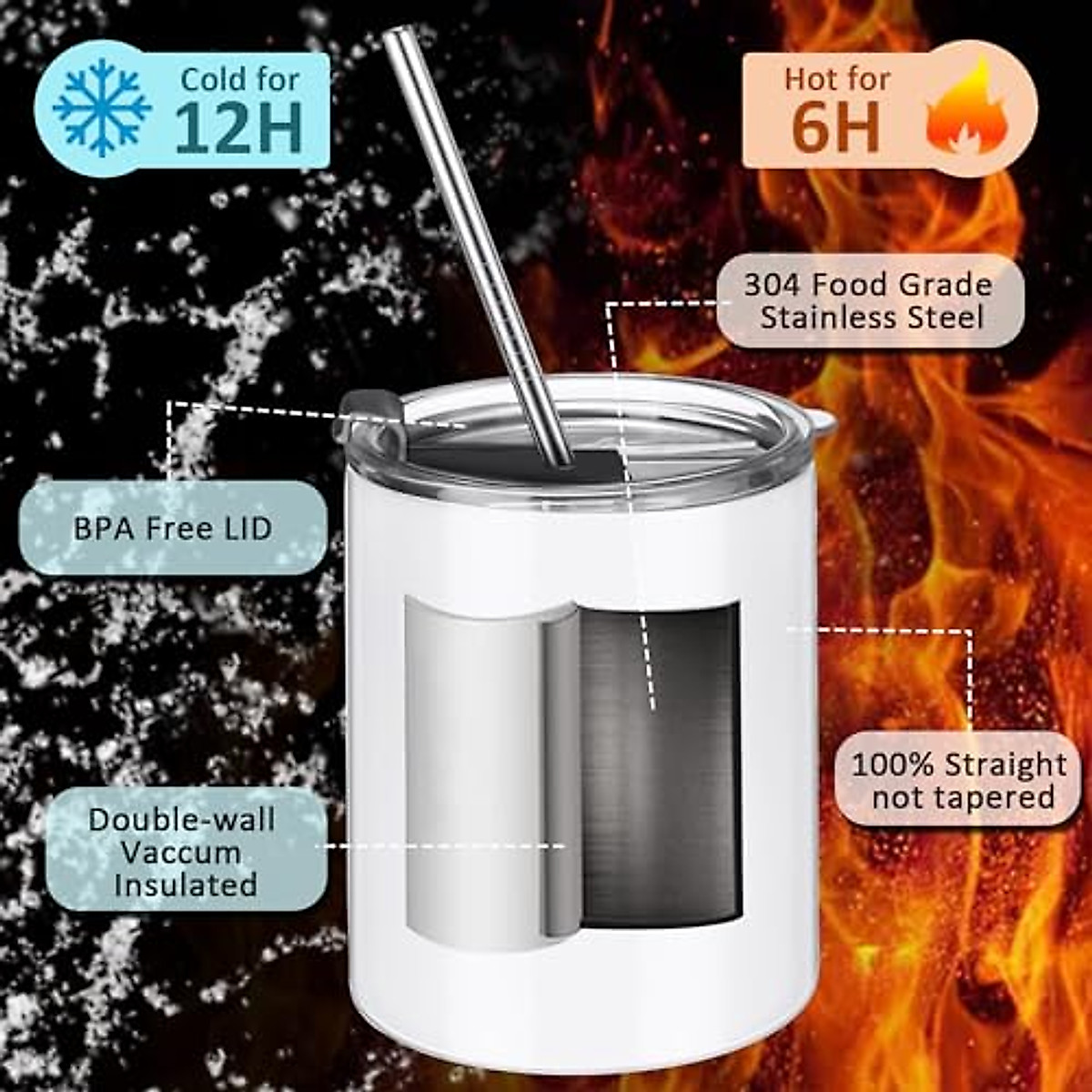 Sublimation Blank Tumblers Bulk 10 oz White Stainless Steel Sublimation Straight Skinny Tumblers with Lids and Straw Double Wall Vacuum Insulated Cups for DIY Heat Press Print(8 Pack)