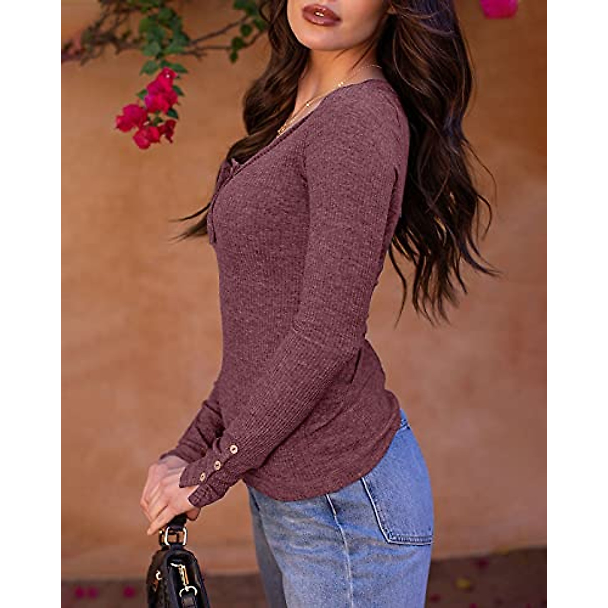 Saodimallsu Womens V Neck Long Sleeve T Shirts Button Down Henley Shirts Ribbed Casual Plain Tops Blouse Tees Dark Pink