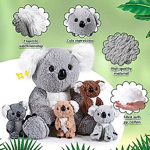 Lenwen 5 Pcs Koala Bear Stuffed Animal Set 12.6 Inch Mommy Koala Plush with 4 Cute Babies in Her Zippered Tummy Soft Cuddly Nursery Koala Plushie for Boys Girls Birthday Baby Shower Party Favor Gifts