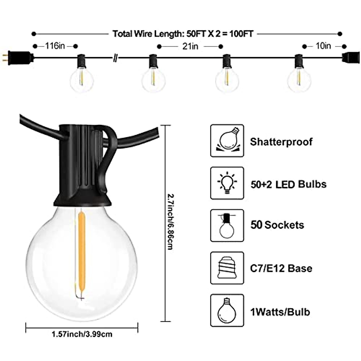 YUNSOVA Outdoor String Lights LED - 100FT 2 Pack Outdoor Lights for Patio with 52 Waterproof Bulbs, Connectable Commercial Hanging Lights for Outside Backyard Balcony Party