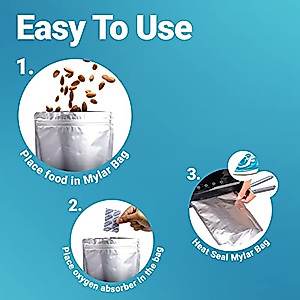 120 pcs Mylar Bags for Food Storage- Food Storage Bag with Oxygen Absorbers(300cc) - 1 Gallon( 20 pcs), 2 Quart(25 pcs), 1 Quart(35 pcs), 1/2 Pint( 40 pcs) with 125 labels - Heat Resalable Mylar Bags - Leak-proof Smell Proof Bags
