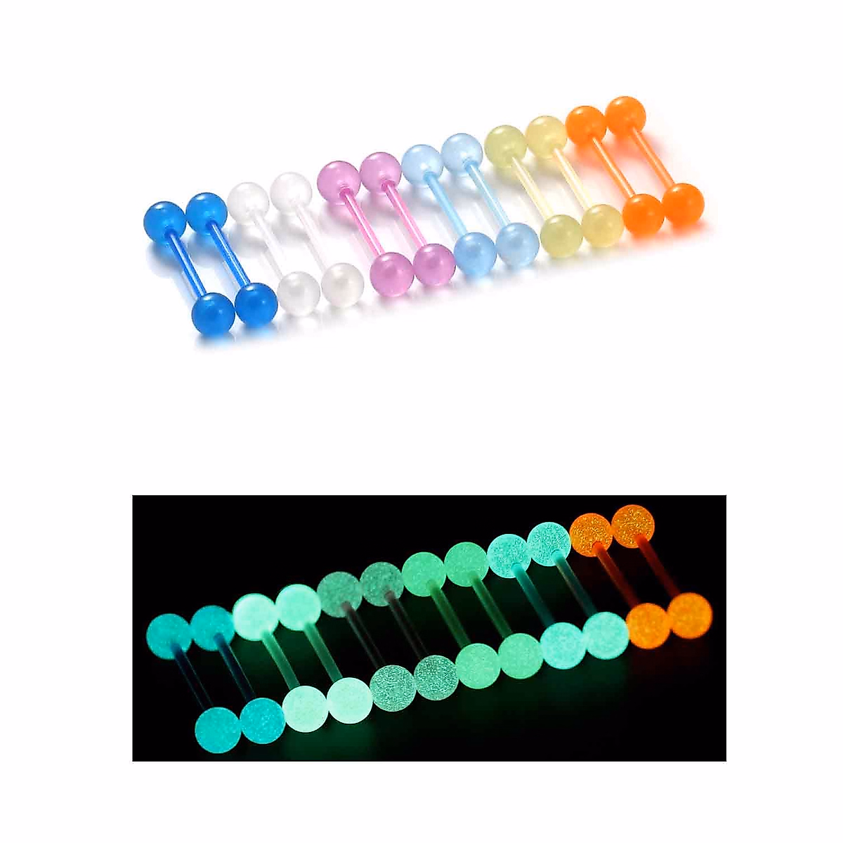 Oufksiyy 14G 16mm Glow in Dark Flexible Acrylic Straight Tongue Rings Plastic Nipple Ring Retainer Body Piercing Jewelry for Women Men 24PCS(12Pairs 14 gauge Piercings