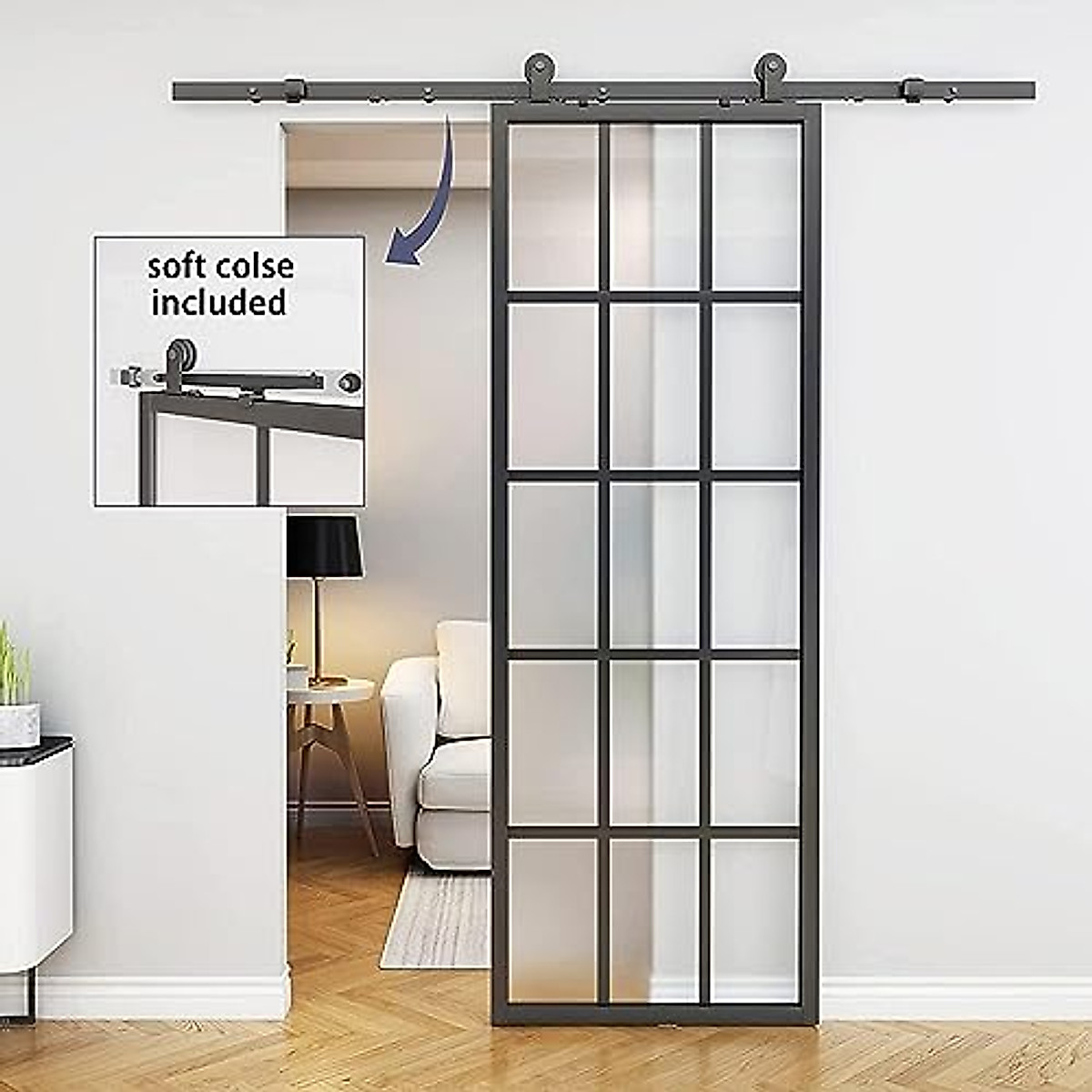 BARNSMITH 30in x 84in Frosted Glass Barn Door with 6FT Top Mounted Hardware kit Include Soft Close Mechanism DIY 15 Lites Modern Aluminum Frame Glass Sliding Barn Door Disassembled Easy Installation