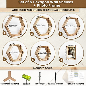 LIBAEL Hexagon Floating Shelves with Photo Frame Natural Premium Wood Set of 5 - Hexagon Shelves for wall, Farmhouse Honeycomb Shelves for Living Room Decor, Kitchen, Bathroom, Bedroom, Hexagon Shelf.