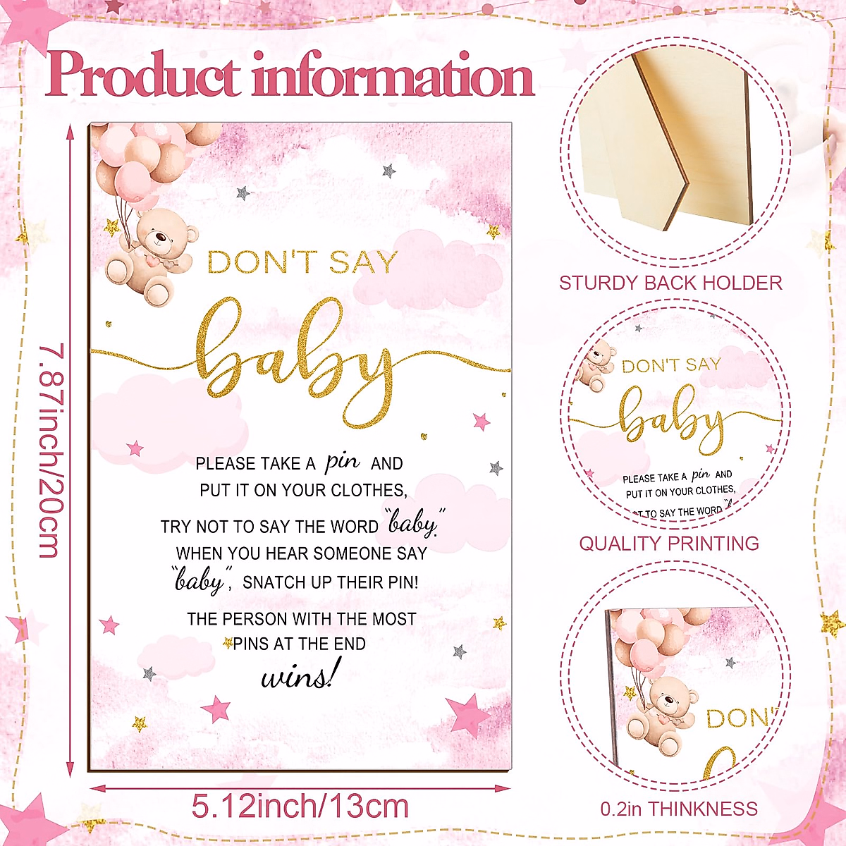 Patelai 321 Pcs Baby Shower Games Supplies, 5 Sets (50 Cards Each) Activities Cards with 20 Pencils 1 Don't Say Baby Sign 50 Clothespin(Pink Bear)