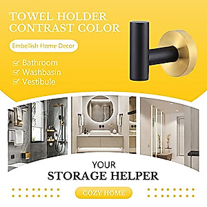APLusee Robe Towel Hook Matte Black and Gold, 304 Stainless Steel Single Prong Coat Hook Bathroom Kitchen Garage Home Storage Round Utility Hanger