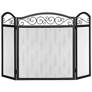 MyGift Black Wrought Iron 3 Panel Arched Fireplace Screen, Metal Mesh Screen Fire Spark Guard for Indoor Fireplace with Decorative Scrollwork Design
