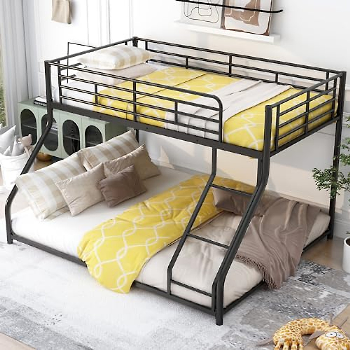HBRR Twin XL Over Queen Bunk Beds, Low Profile Bunk Beds Heavy Duty Steel Bed Frame with Safety Rail and Ladder for Boys Girls Adults Dormitory Bedroom,No Box Spring Needed