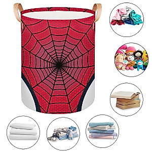 Large Laundry Hamper Basket Red Spider Web Round Collapsible Storage Organizer Bin for Kids, Boys, Nursery, Closet, Bedroom, Playroom, Toys, Dirty Clothes, 16"W x 20"H