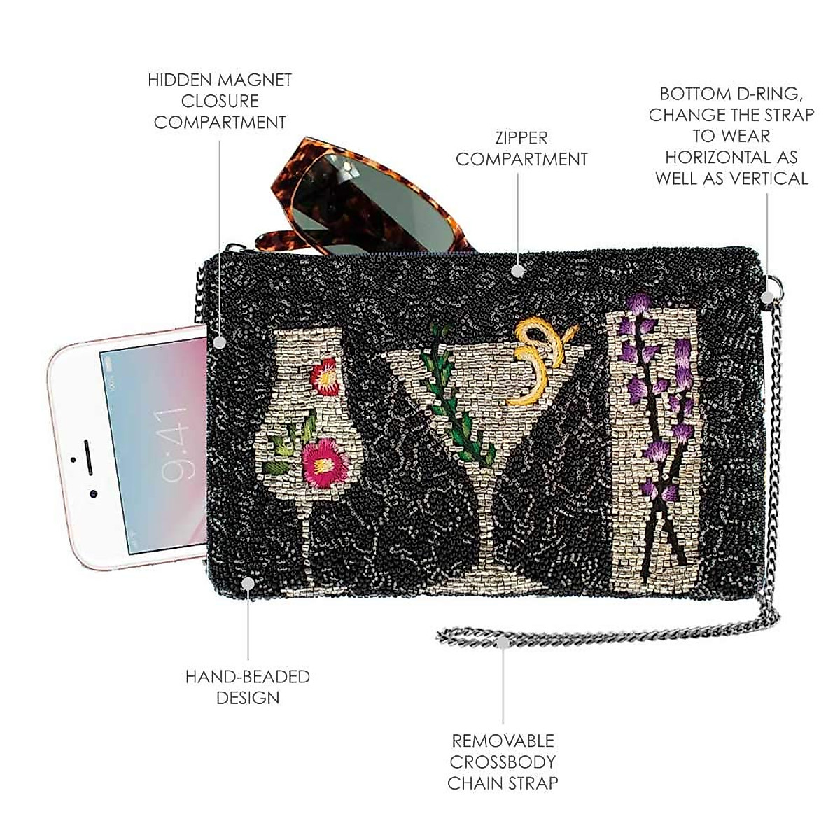 Mary Frances After Hours, Beaded Botanical Cocktails Crossbody Phone Bag, Black