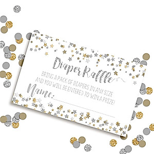 Amanda Creation Gold & Silver Twinkle Little Star Gender Neutral Diaper Raffle Tickets for Baby Showers, 20 2" X 3” Double Sided Inserts, Bring a Pack of Diapers to Win Favors & Prize