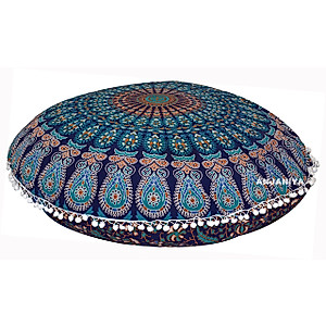 ANJANIYA - 32" Peacock Mandala Bohemian Yoga Meditation Floor Pillow Cover Comfortable Home Car Bed Sofa Cushion Couch Seating Large Zipped Throw (32 inches, Blue Green)