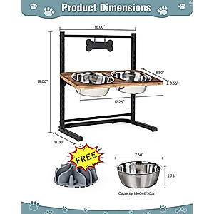 Realyoo Dog Elevated Bowls with Slow Feeder, 11 Heights 15° Tilted Stainless Steel Raised Dog Bowls Stand, Metal Food and Water Bowl for Large Medium Small Dogs and Cats